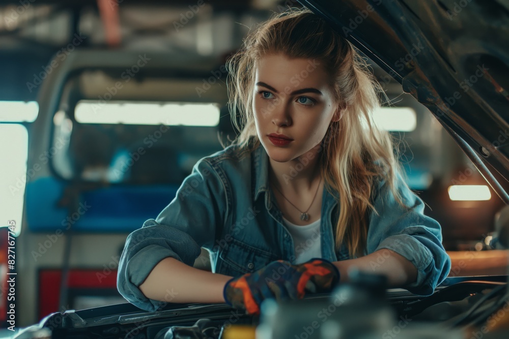 Young focused female mechanic with a toolbox fixing a car in a workshop ...