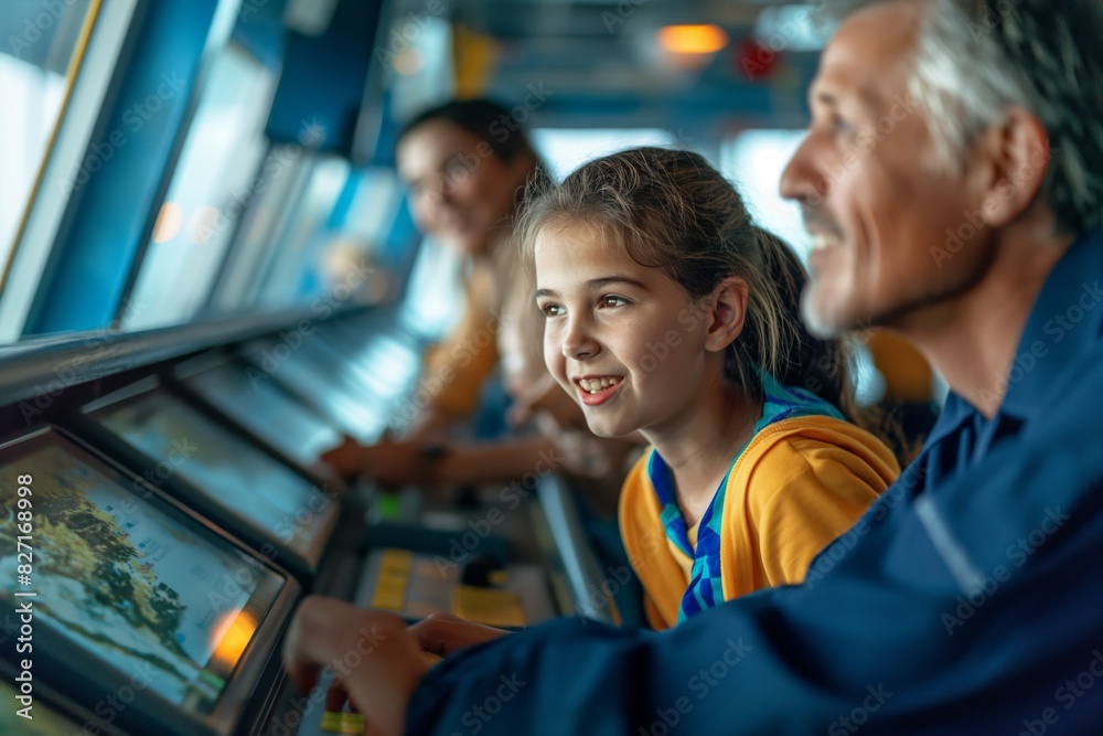 Smiling family enjoys a guided educational tour on a ship, exploring ...