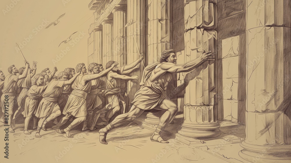 Samson Destroying Philistine Temple, Pushing Pillars with All Might ...
