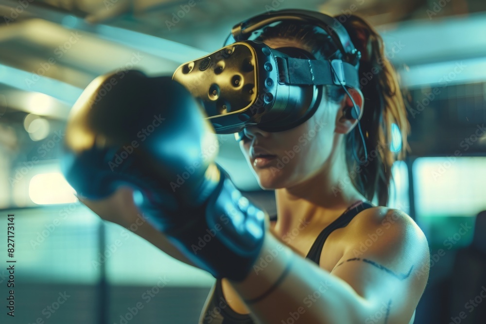 Female boxer training with VR or virtual reality, wearing VR headset with immersive boxing ...
