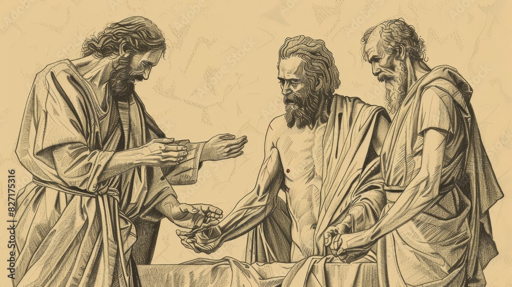 Biblical Illustration of Jesus Healing a Man with Shriveled Hand on Sabbath, Pharisees Watching ...
