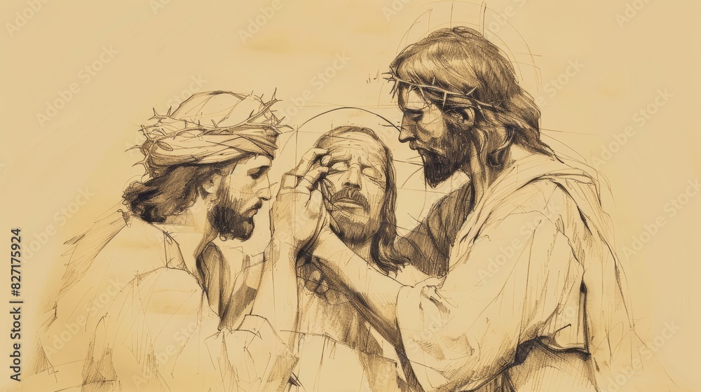 ภาพประกอบสต็อก Biblical Illustration of Jesus Healing Blind and Mute ...