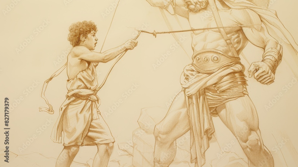 Biblical Illustration of David and Goliath Story, Sling Defeating Giant ...