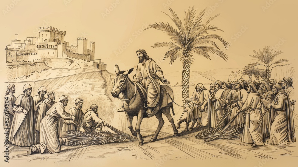 Biblical Illustration of Triumphal Entry of Jesus into Jerusalem, Palm ...