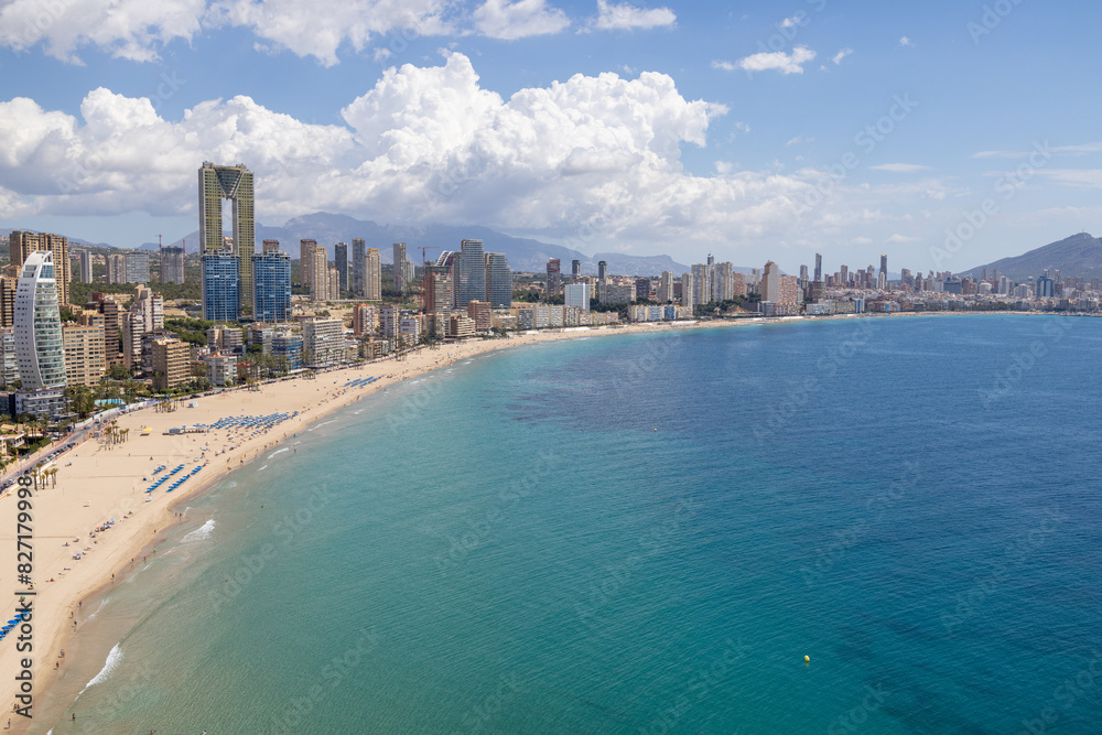 Aerial drone photo of the beautiful town of Benidorm in Spain showing ...