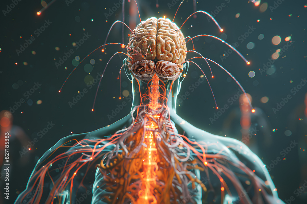 Nervous system, human, nerve cells, neon, vector, 3d rendering Stock ...