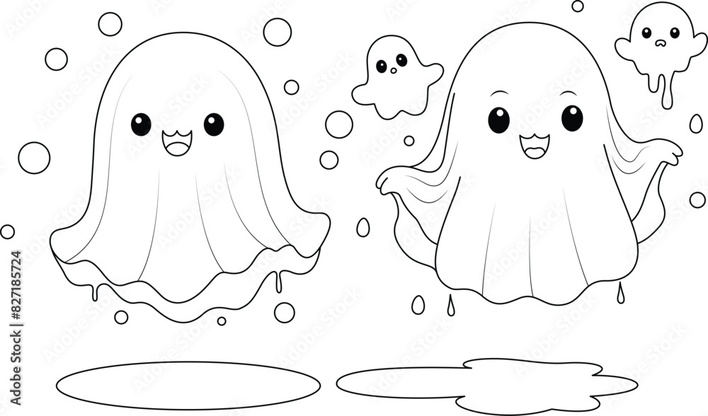 Set of cute kawaii ghosts boo cartoon character coloring page for kids ...