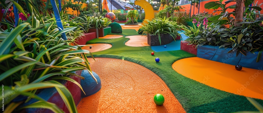 Colorful miniature golf course with lush greenery and vibrant obstacles ...