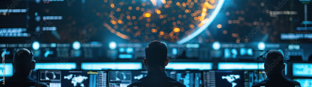 Modern central command center, large digital map display Stock Photo ...