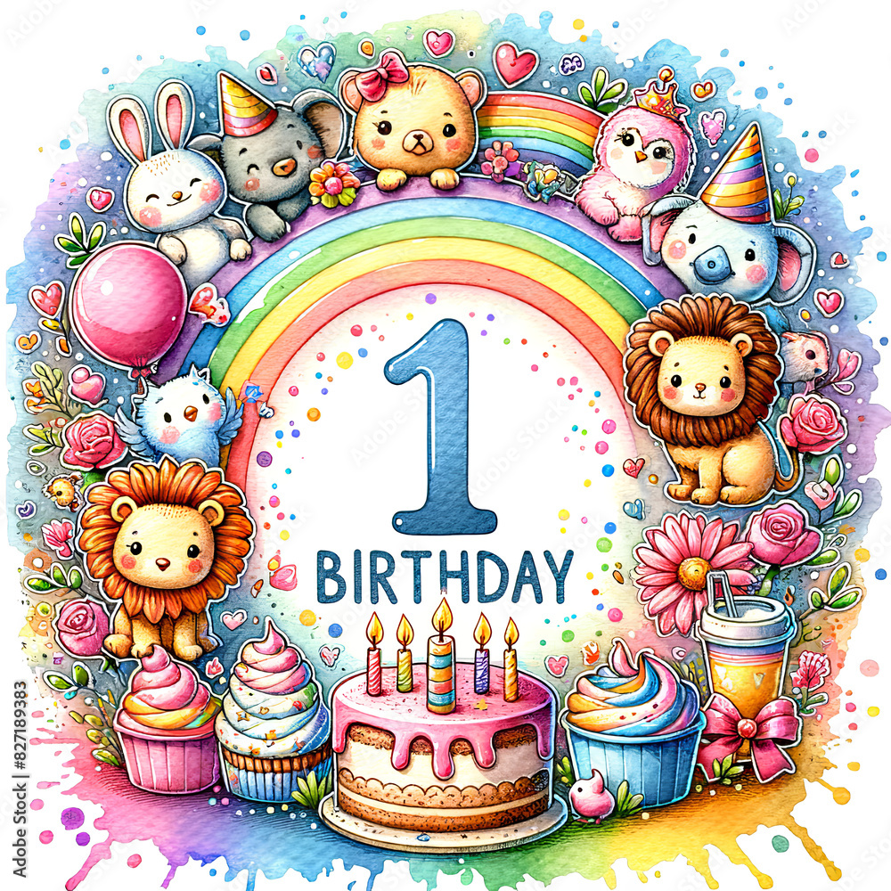 1st birthday colorful text around the celebration cute cakes and ...