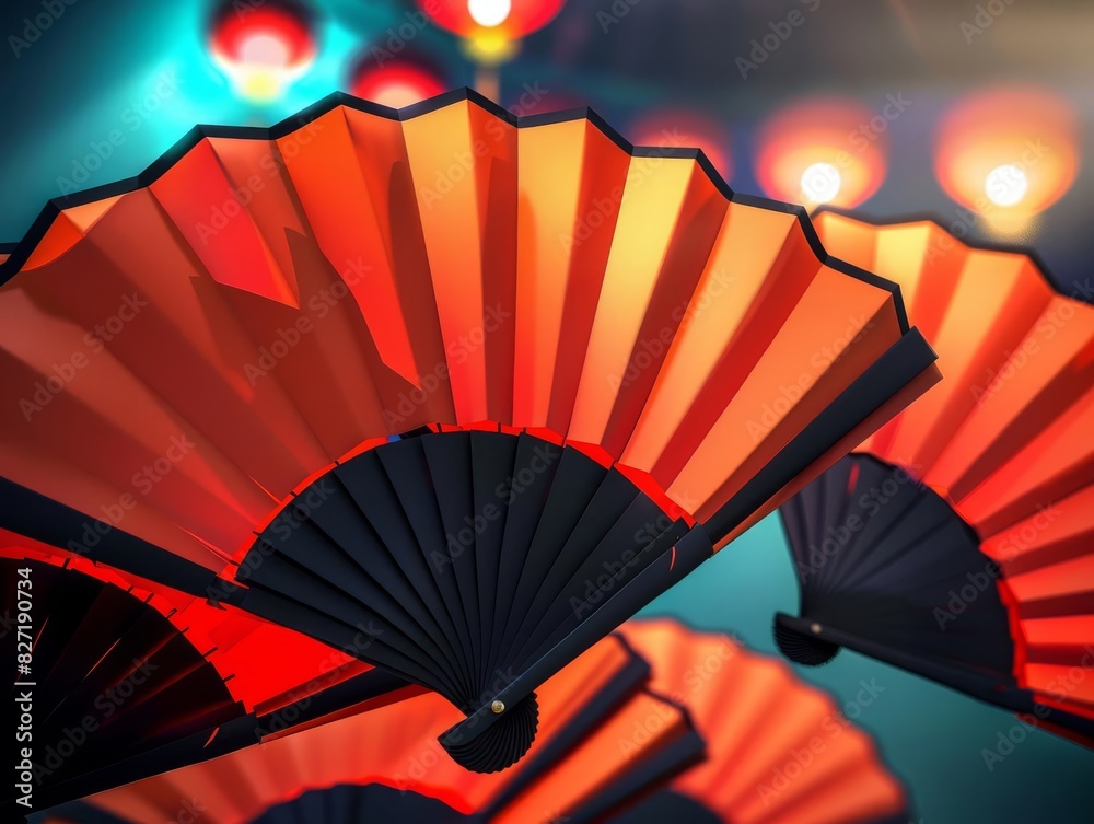 Paper fans in a vintage style, front view, evoking a historical essence ...