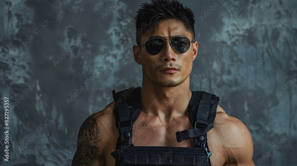 Barrel-chested Filipino American bodyguard wearing sunglasses, posing ...