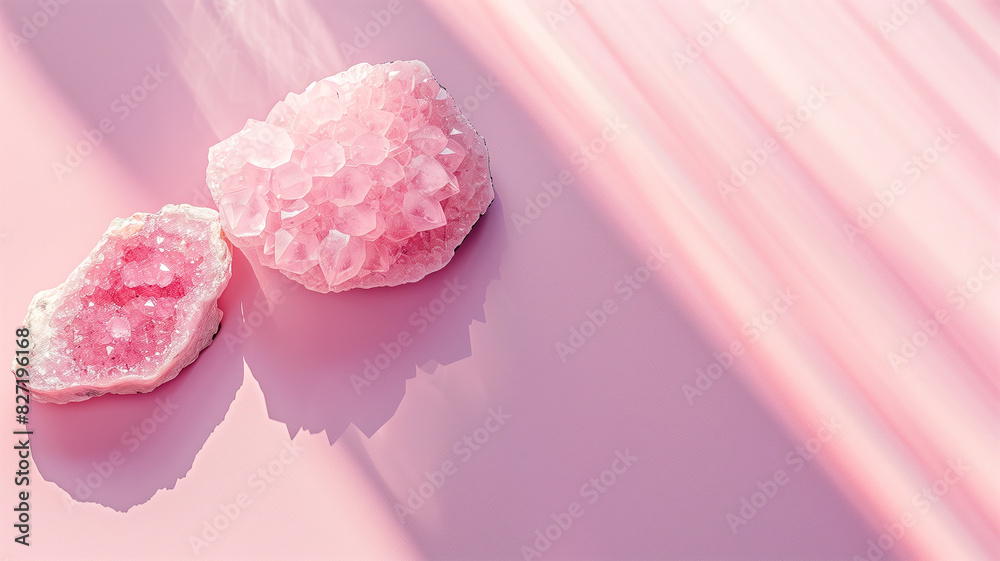 Aesthetic pink crystal geode slices on a pastel pink background with ...