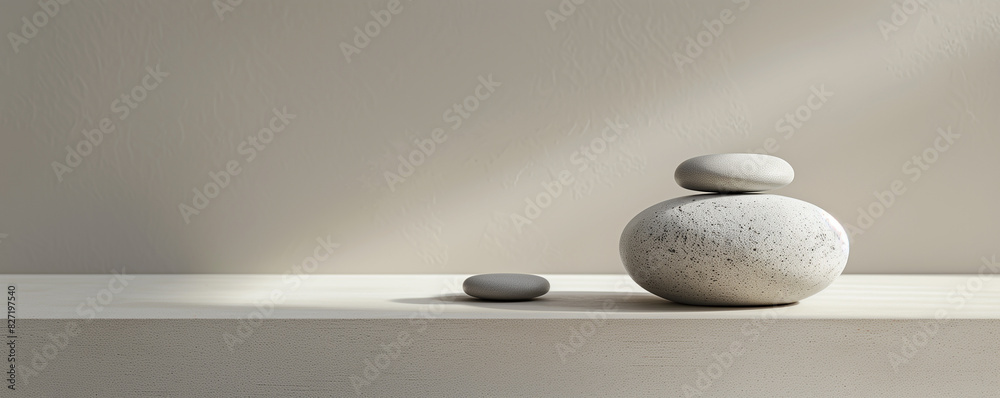 Minimalist composition of balanced pebbles on a neutral background ...