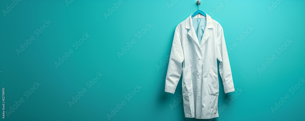 White lab coat hanging on a turquoise wall background, representing ...
