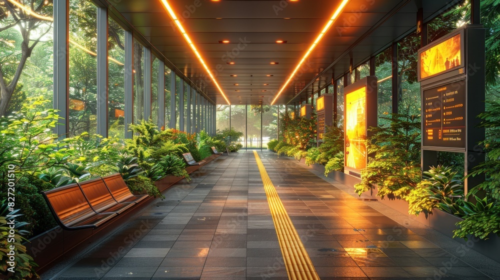 Illustrate a blank style mock-up of an intercity bus terminal with ...