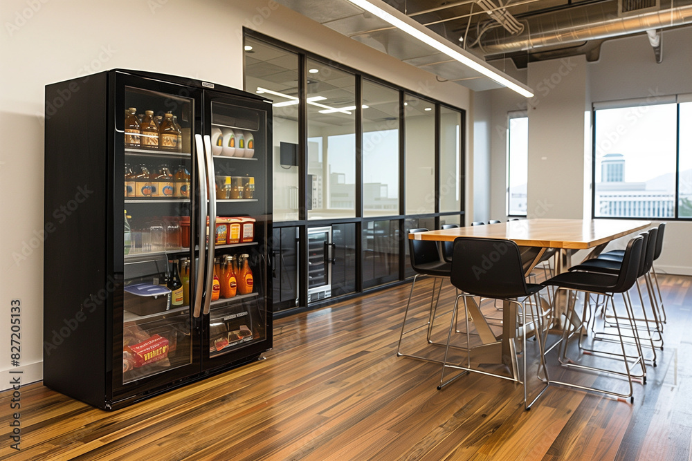 The office break room had an empty mini fridge, a sleek black model ...
