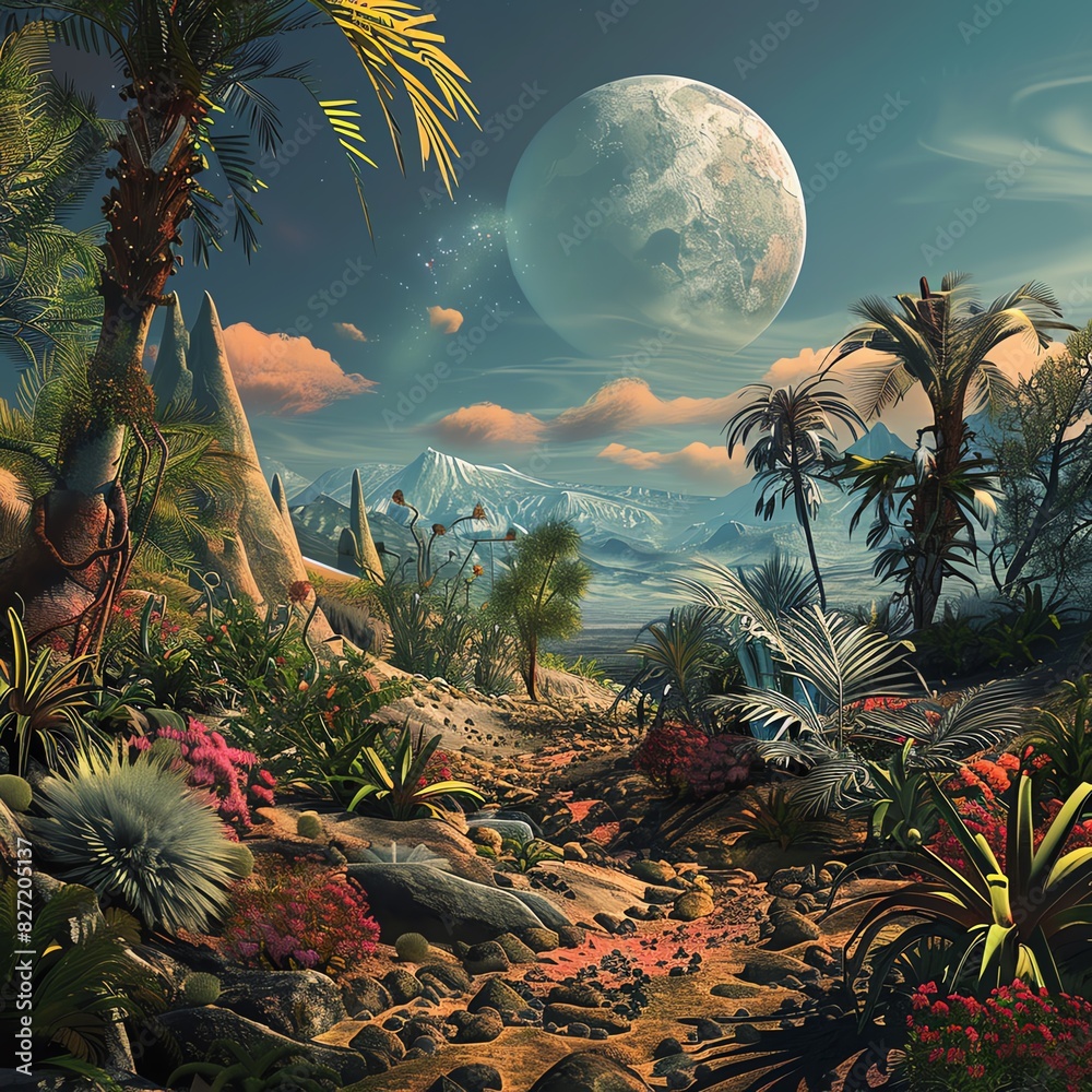 Artistic rendering of life on exotic alien planets, depicting imagined ...