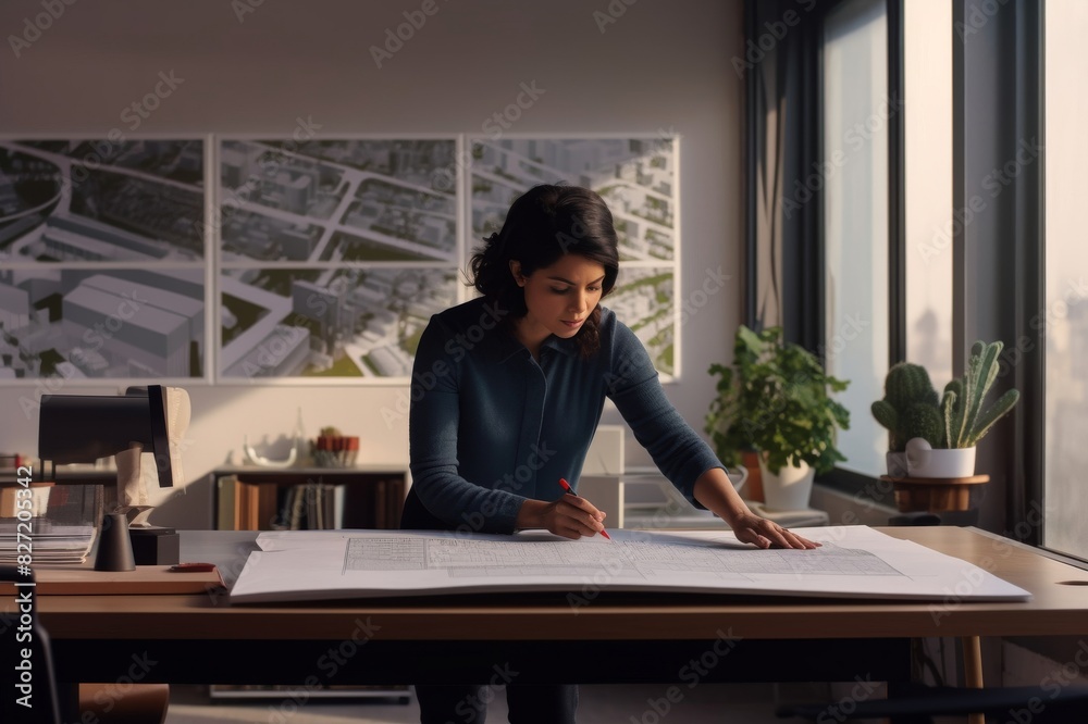 At a Design Studio: an Architect Unrolling a Project on her Desk Latin American woman architect ...