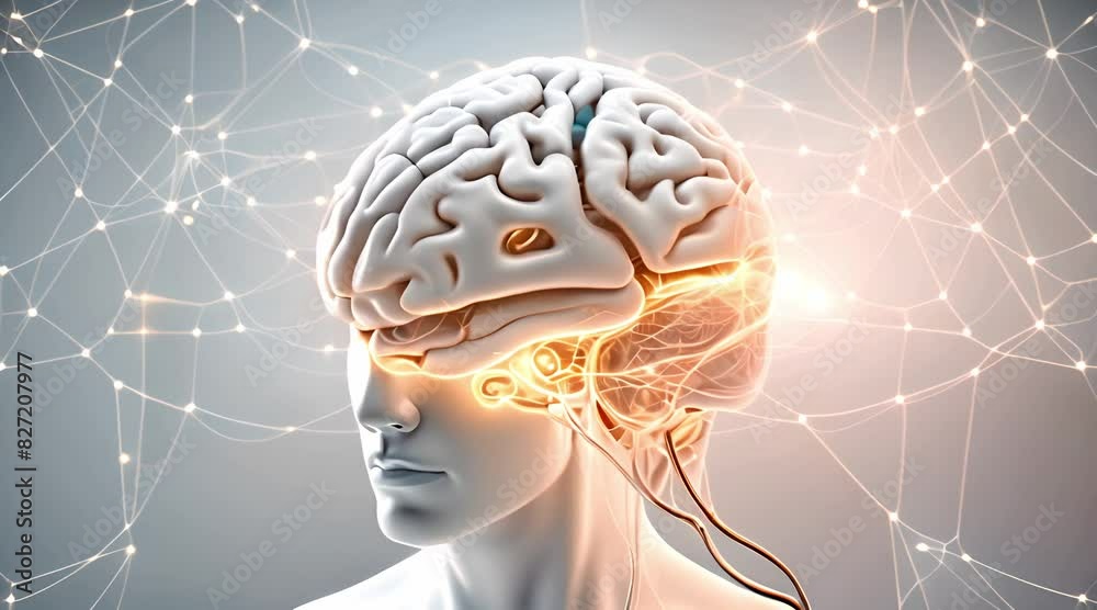 3D model of neuronal connections in the human brain, with glittering ...