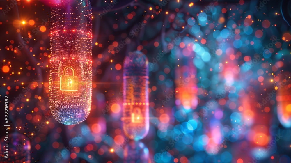 A visually engaging image of a cybersecurity system, featuring digital locks and encrypted data ...