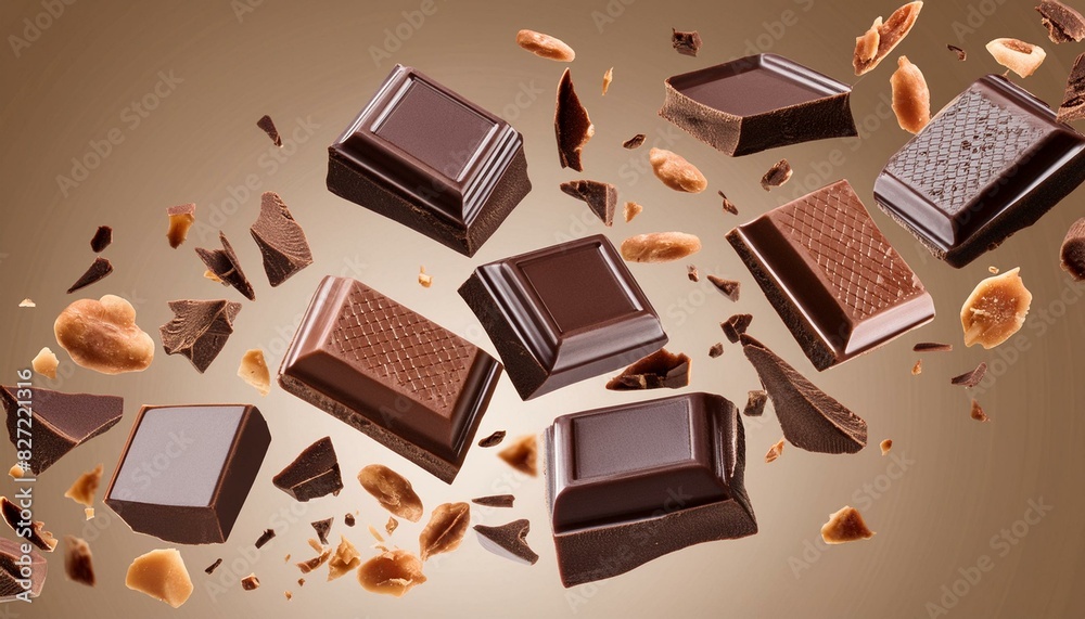 Various types of chocolate falling with choc flake in the air isolated ...