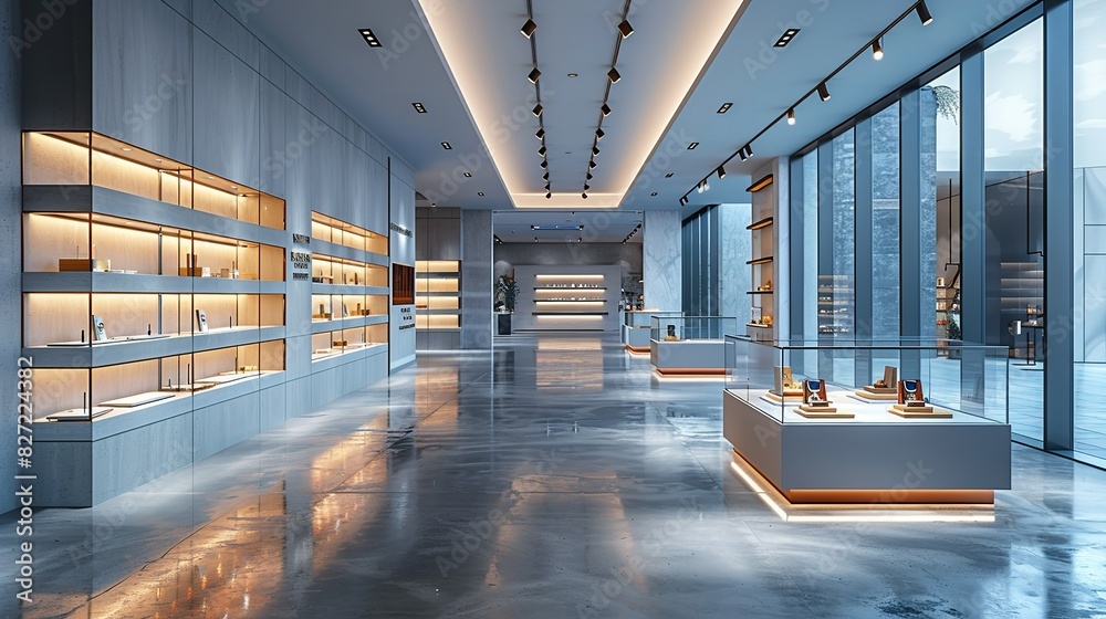 A modern retail store interior, with empty shelves, sleek display cases ...