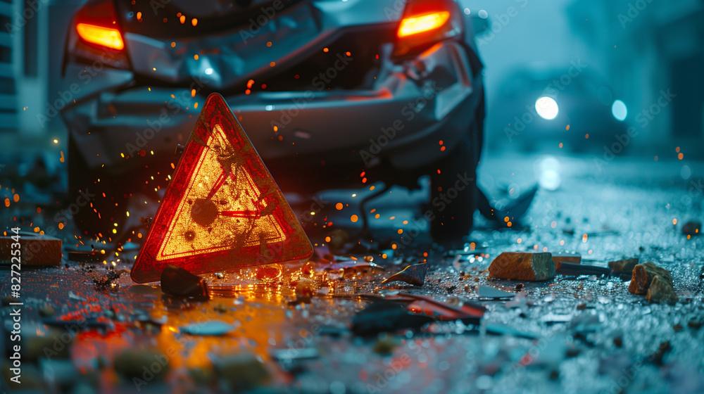 Against the background of scattered car parts, a triangular warning ...