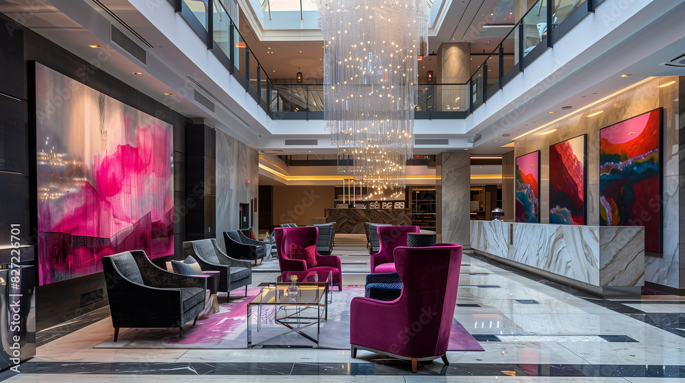 Modern luxury hotel lobby, Soaring double-height lobby bathed in ...