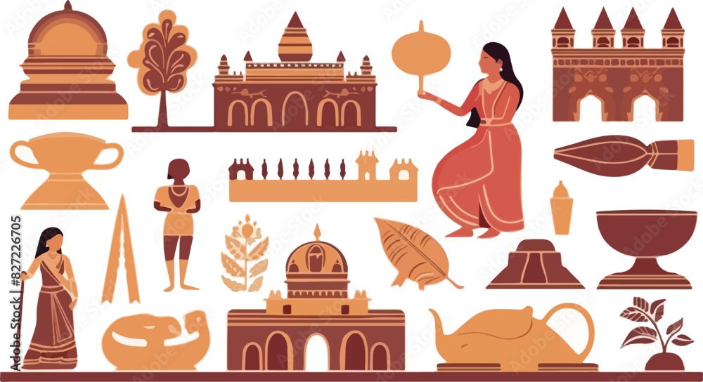 Ancient indian culture icons set. Flat illustration of ancient indian ...
