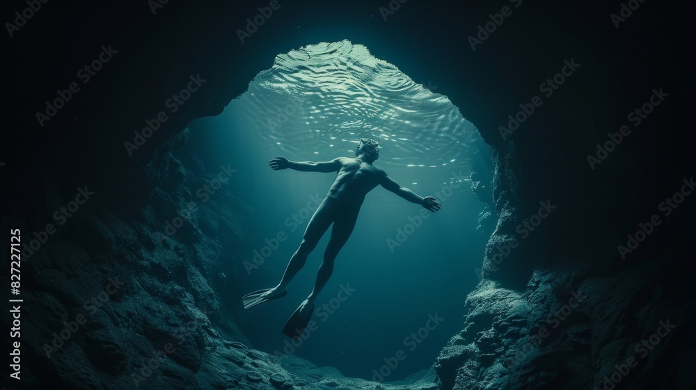 Deep sea diver swimming in a mesmerizing underwater cave in the ...