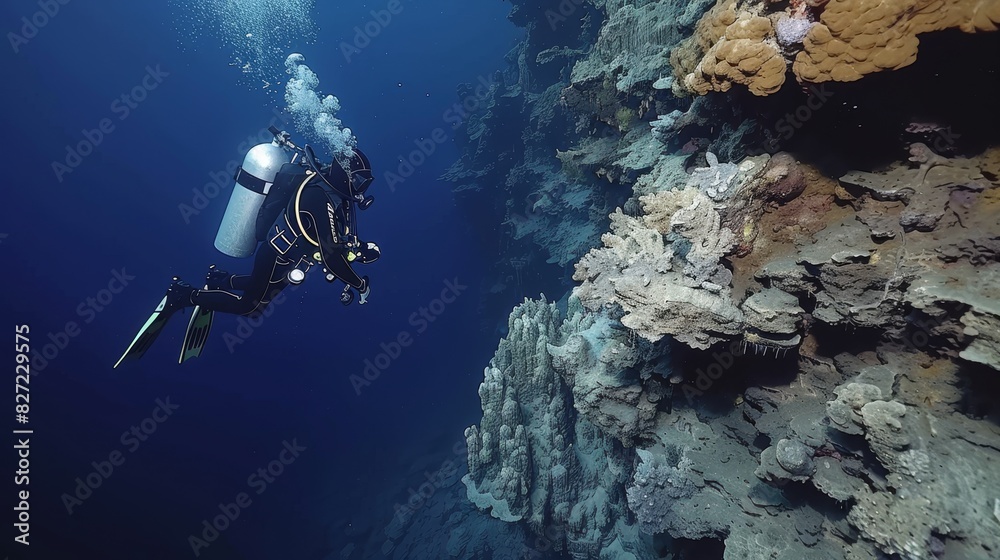 Experienced deep sea diver swimming in a mesmerizing underwater cave ...