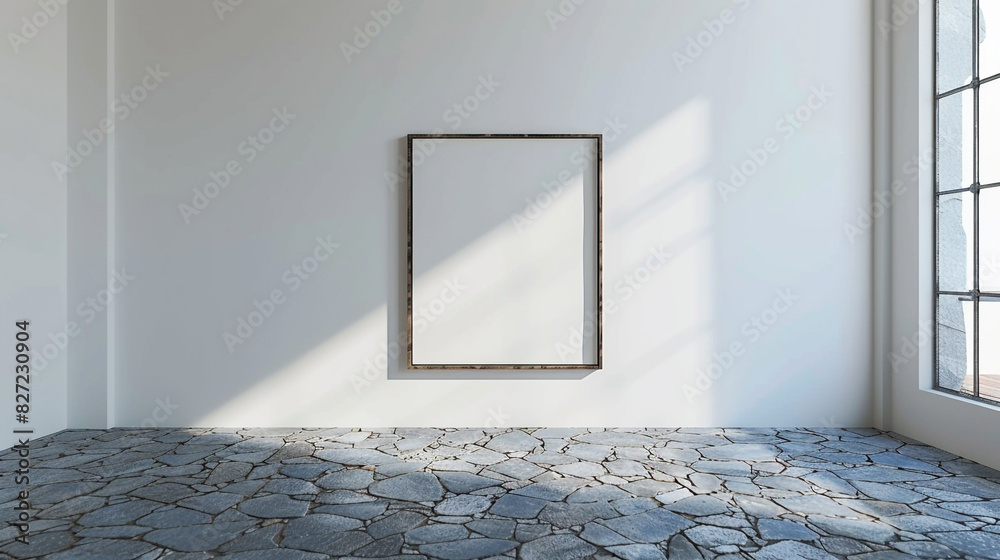 High-definition 3D mockup of an empty room with a blank frame on a ...