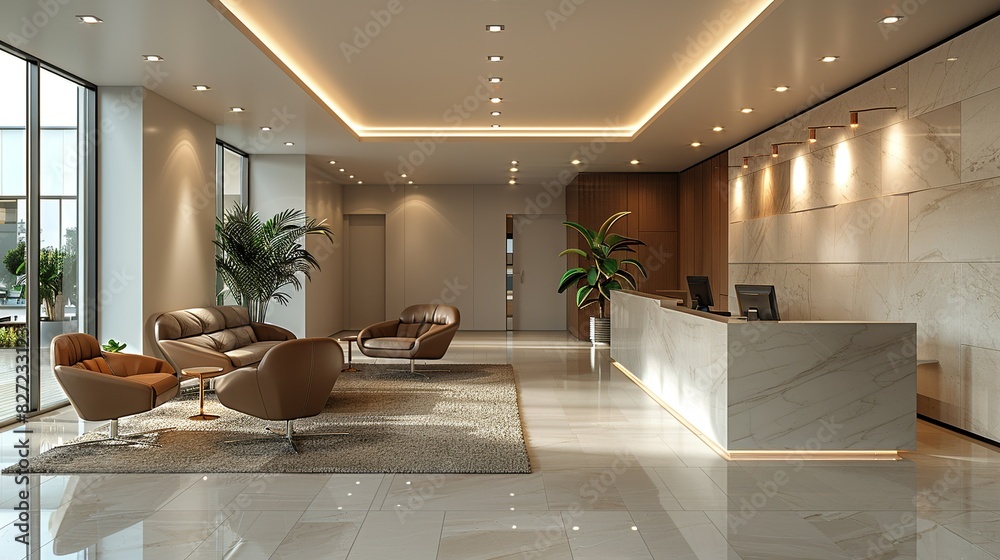 An empty, stylish waiting area with comfortable seating, a sleek ...