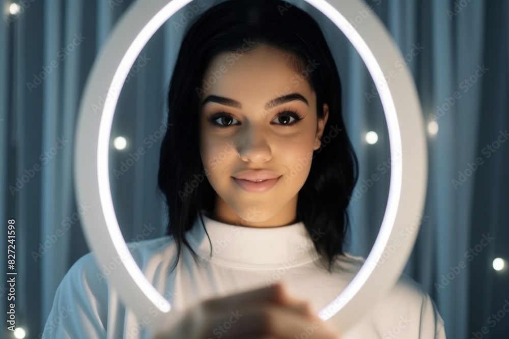 beautiful female vlogger seen through ring light at home Stock ...