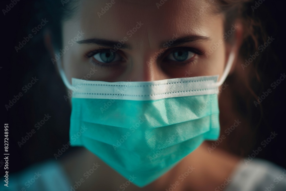 surgical mask portrait of a sad woman looking down with running tear ...