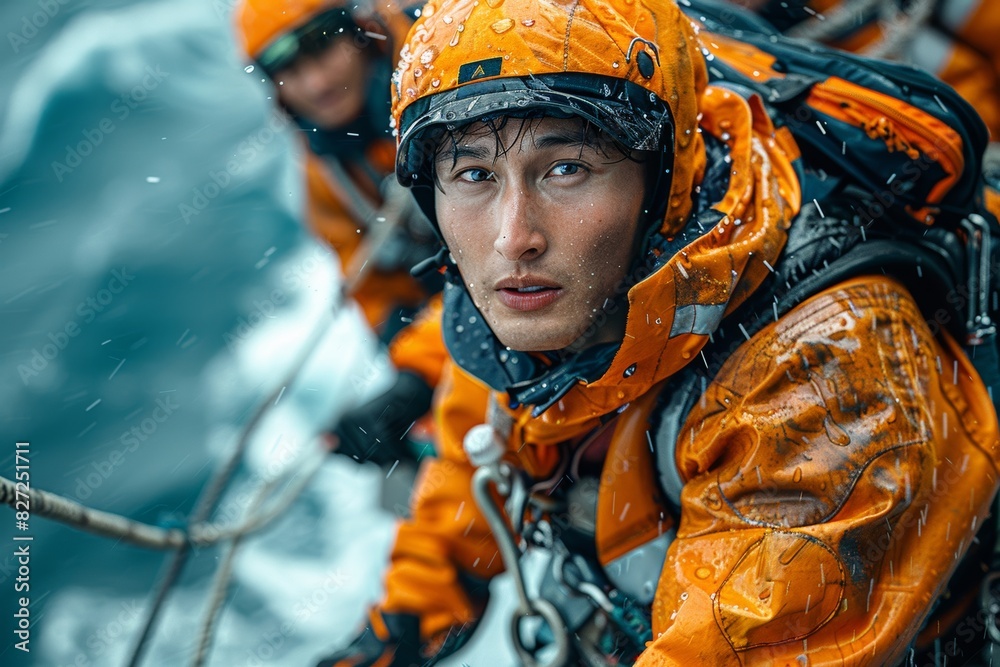 On duty in the middle of the ocean, oil rig technicians, wearing safety ...