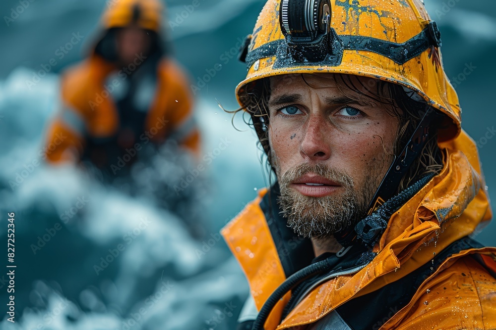 On duty in the middle of the ocean, oil rig technicians, wearing safety ...