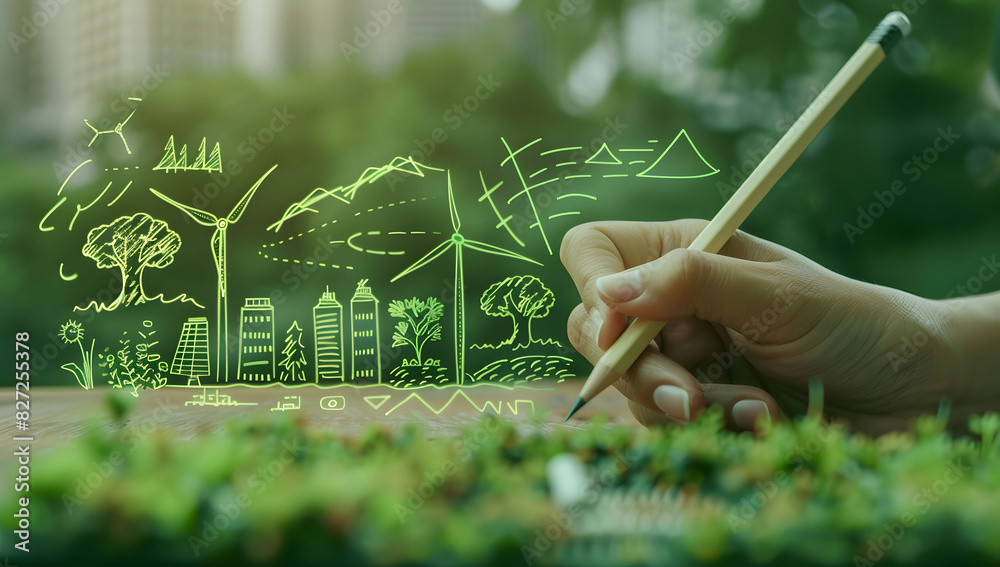 A hand drawing green energy city with pencil on a digital graph of a ...