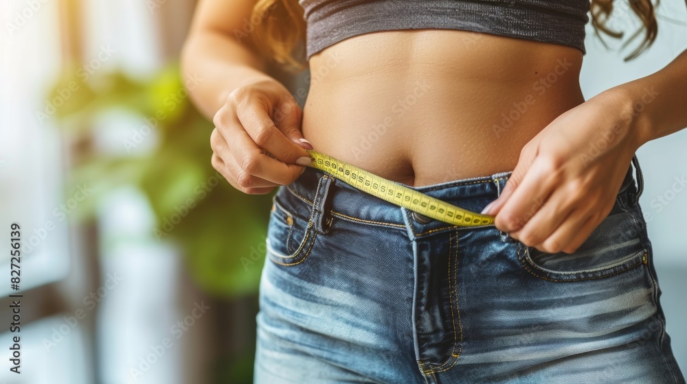 Slim woman wearing jeans measuring waist with tape measure using ...