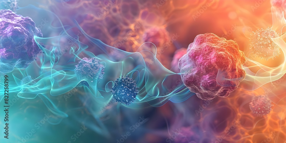 Vibrant tumor cell surrounded by immune cells in a dynamic cellular ...