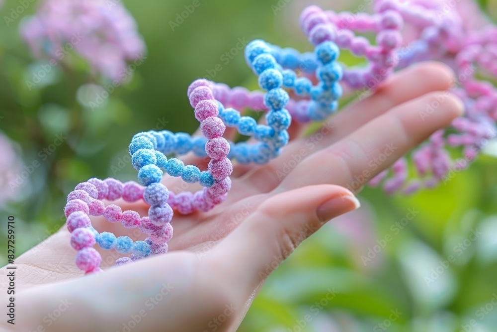Hand holding a pastel colored DNA model in a natural setting ...