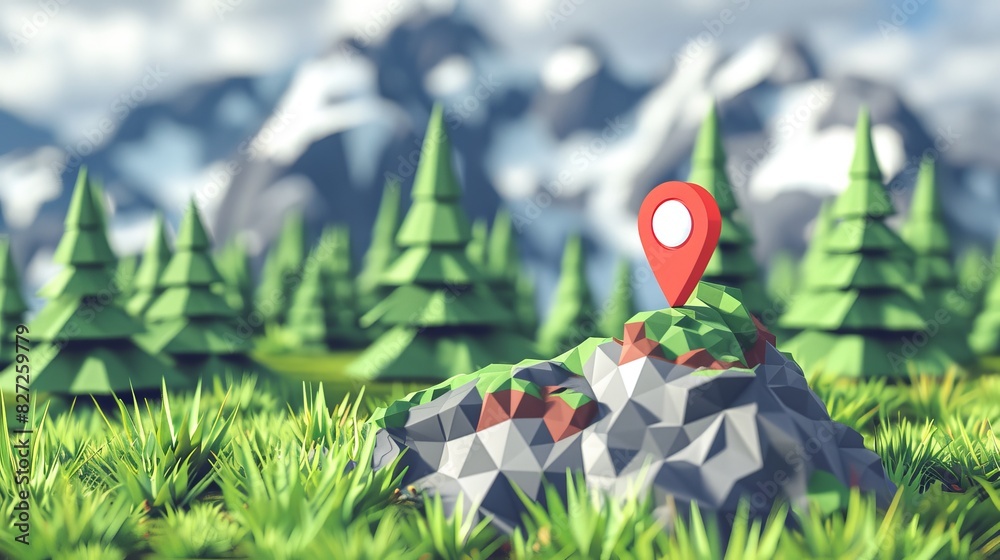 Abstract low poly digital landscape with location pin pointing to a ...