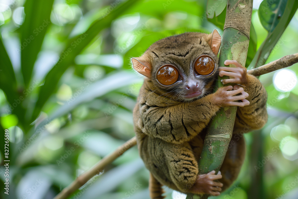highly detailed macro photograph of a tarsier sitting on a slender tree ...