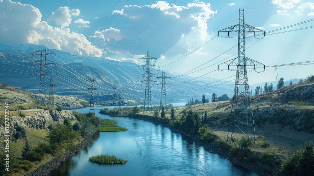 High-voltage transmission towers spanning across a river, emphasizing ...