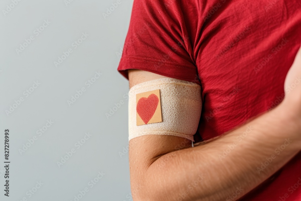 Man's arm with bandage and heart symbol on white background, closeup ...