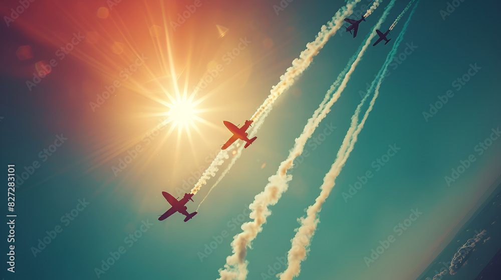 Aircraft fighter jets smoke the background of blue sky white clouds ...