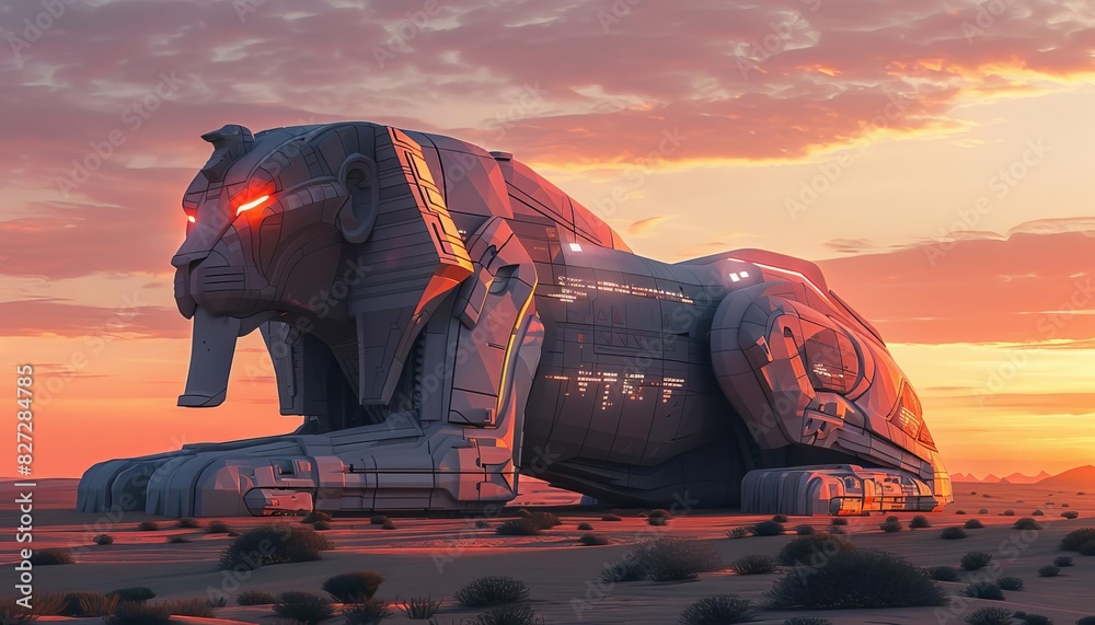 Illustrate a sleek, metallic Sphinx blending seamlessly into a desert ...