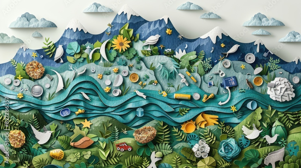 Paper cutout illustration of a landfill overflowing with waste, with ...