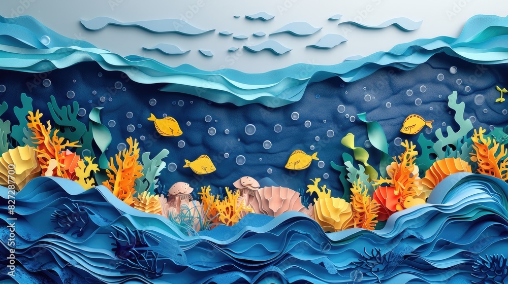An oceanic paper cutout illustration of plastic waste floating and ...